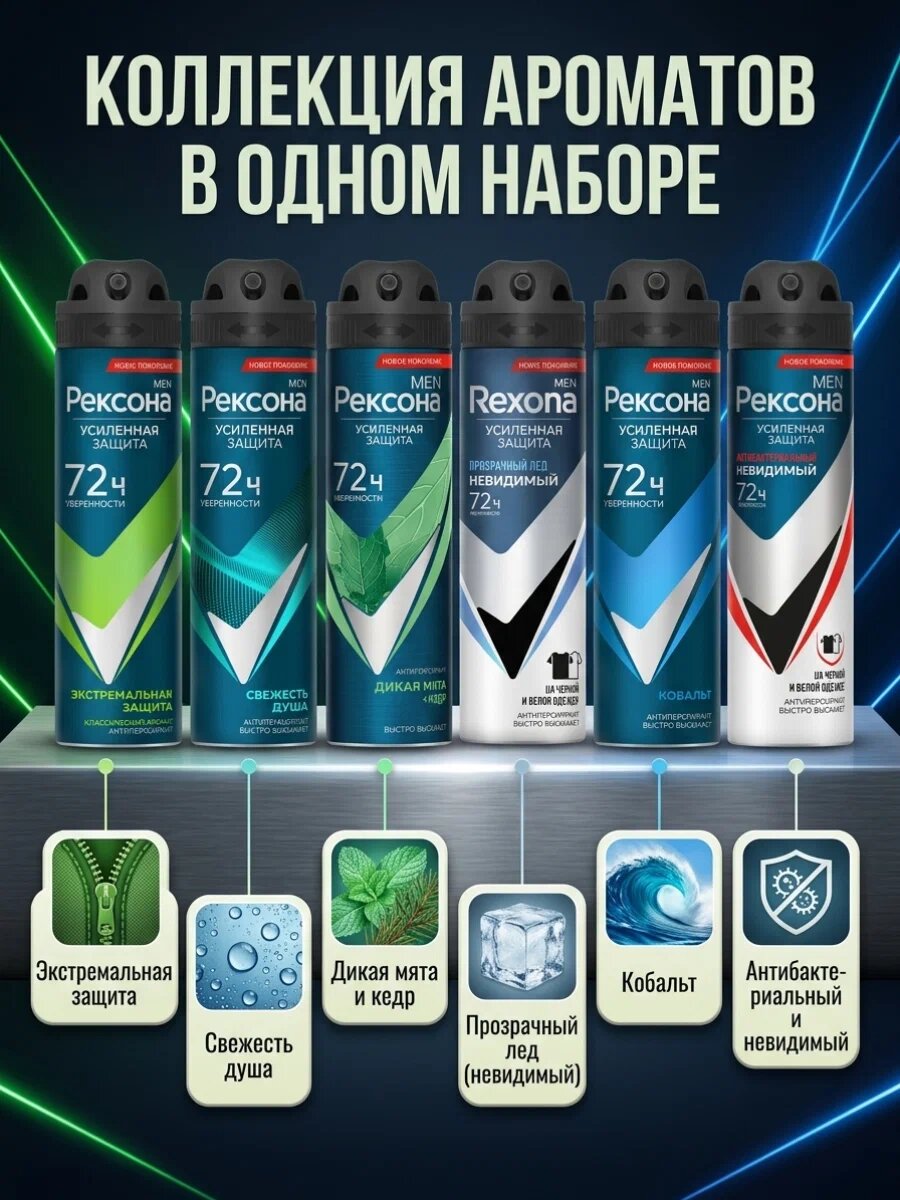Набор мужских дезодорантов-спреев Rexona Men (Рексона) 6 шт по 150 мл / Мужской антиперспирант аэрозоль от пота и запаха