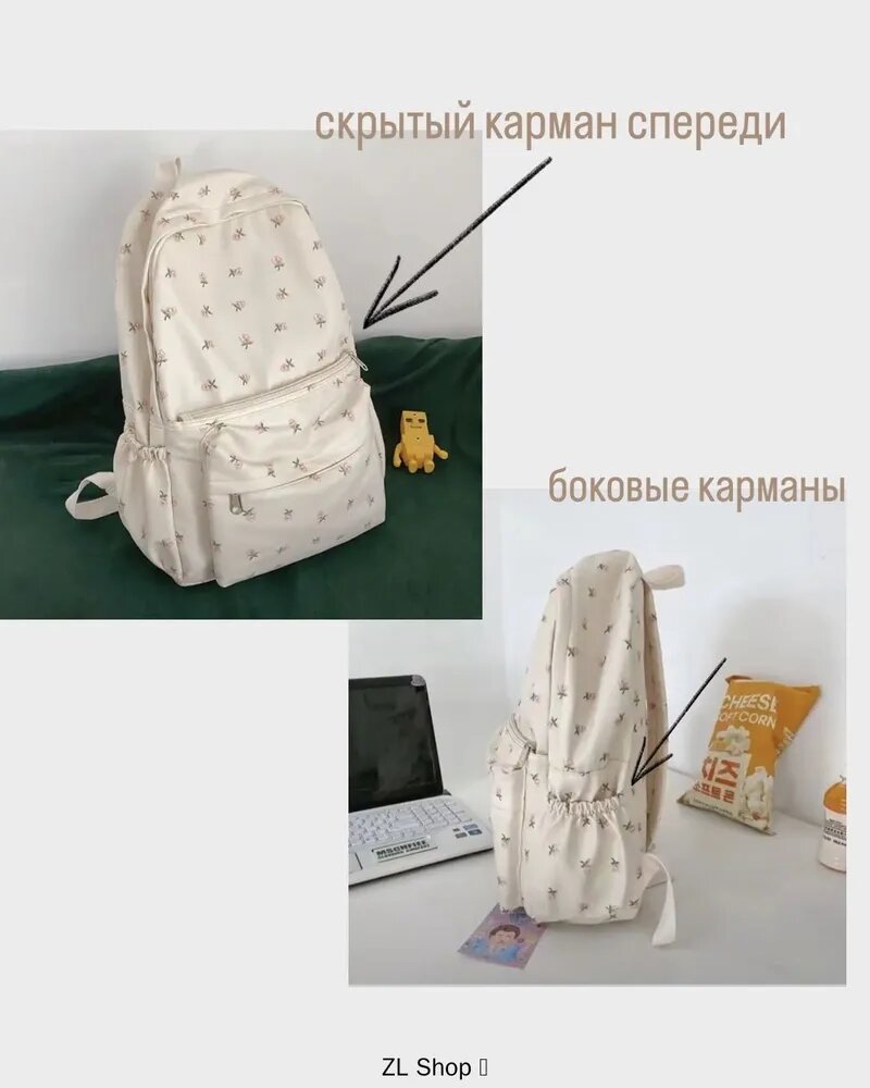 Рюкзак женский, средний, городской, дорожный, школьный, молочный, бежевый, белый — фото 1