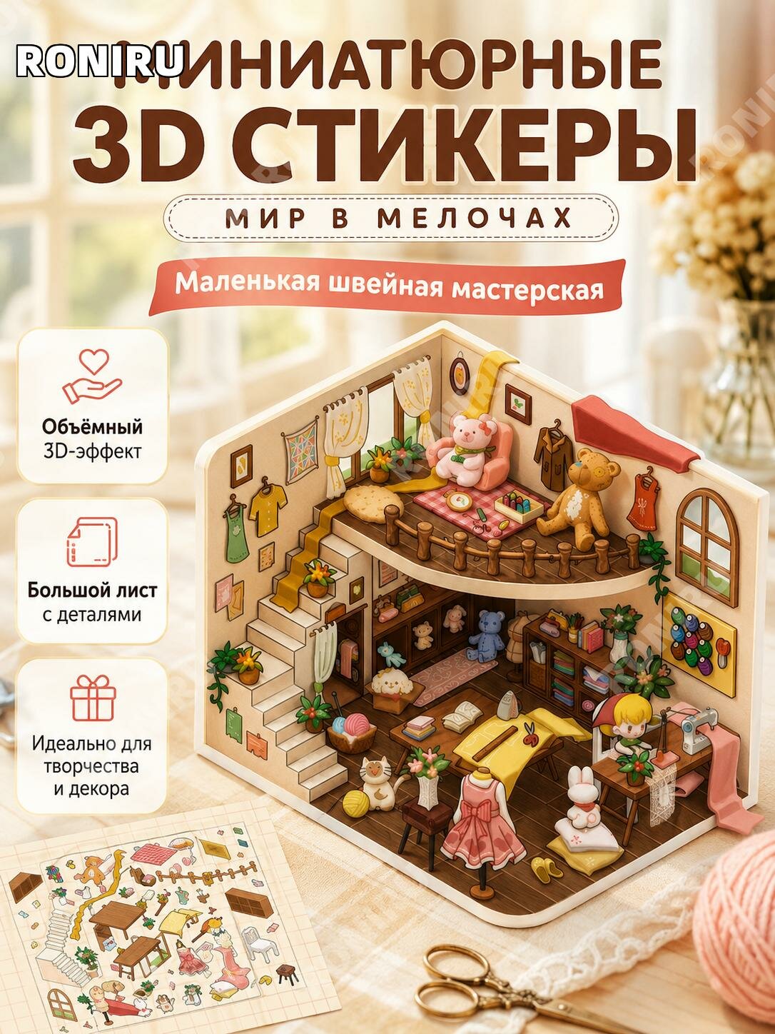 Наклейки ПЭТ3D для рукоделия, большой лист, Маленькая швейная мастерская
