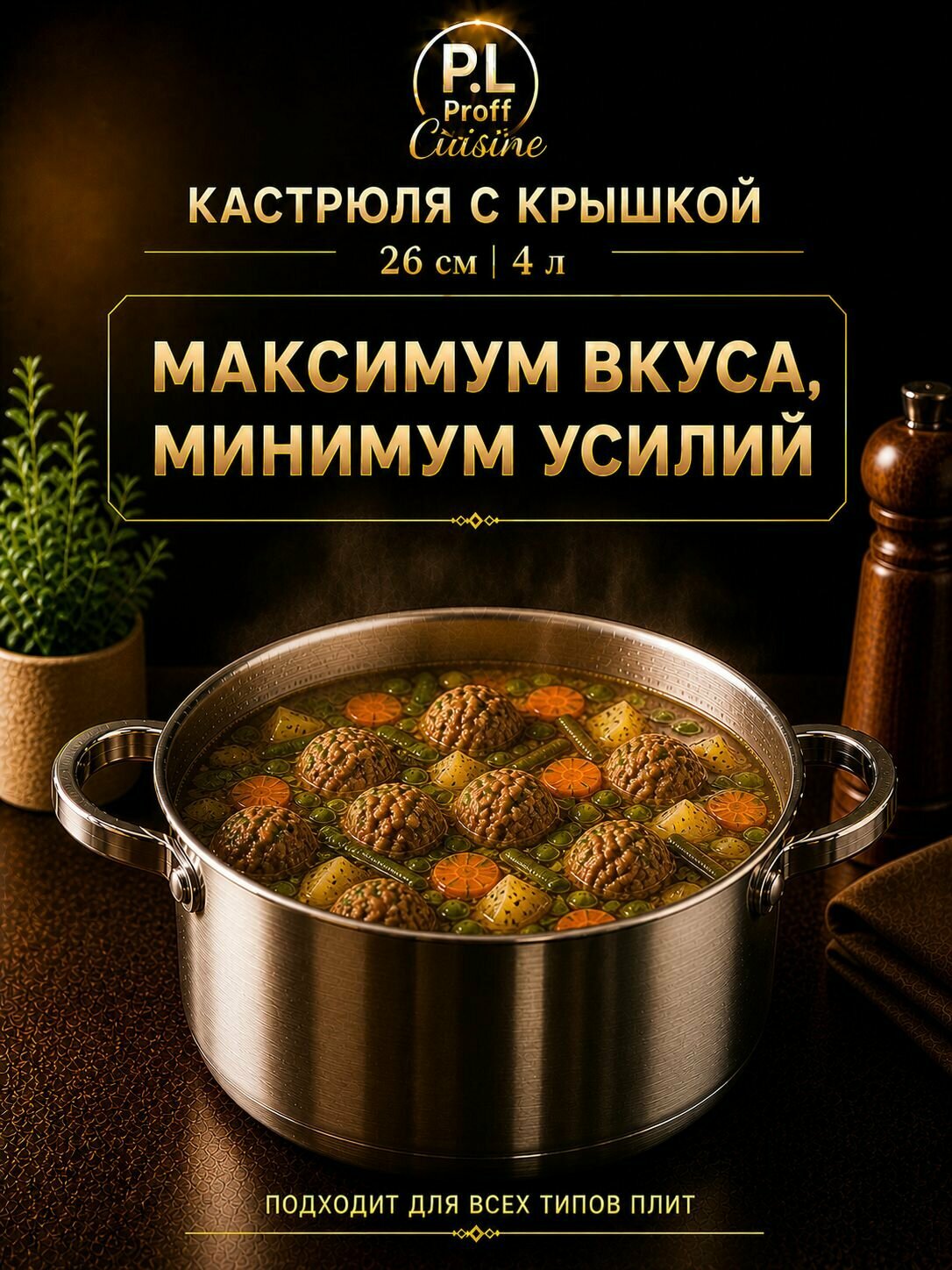Кастрюля 4 л с крышкой P.L. Proff Cuisine New Kitchen Honeycombs TRI-PLY, нержавеющая сталь, индукционная, 26 см, антипригарная