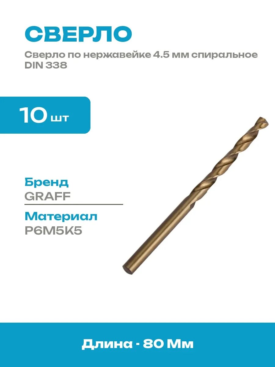 Сверло по металлу 4.5 мм с цилиндрическим хвостовиком 10 шт