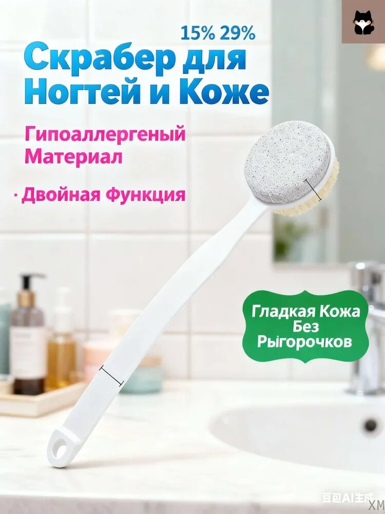 Двусторонняя Щетка-Пемза с Длинной Ручкой (38.4 см) для Пяток и Спины Удаление Натоптышей + Очистка в Душе 2-в-1