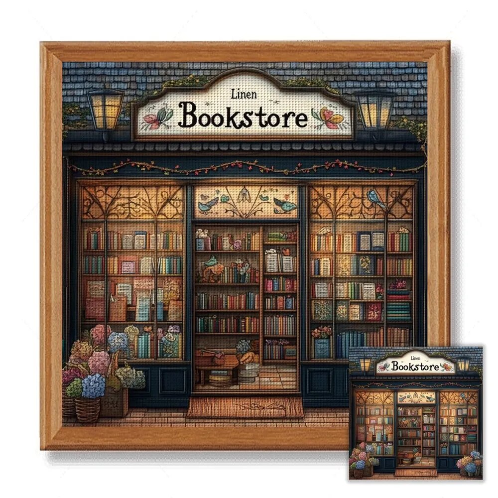 1 бесрамочная 14CT вышивка крестом 30 * 30cm / 11.8 * 11.8 in, книжный магазин, в пределах 26 цветов, с иголками, нитками, чертежами, холстом.