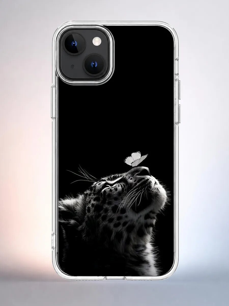Чехол iPhone 14 Барс и бабочка силиконовый прозрачный