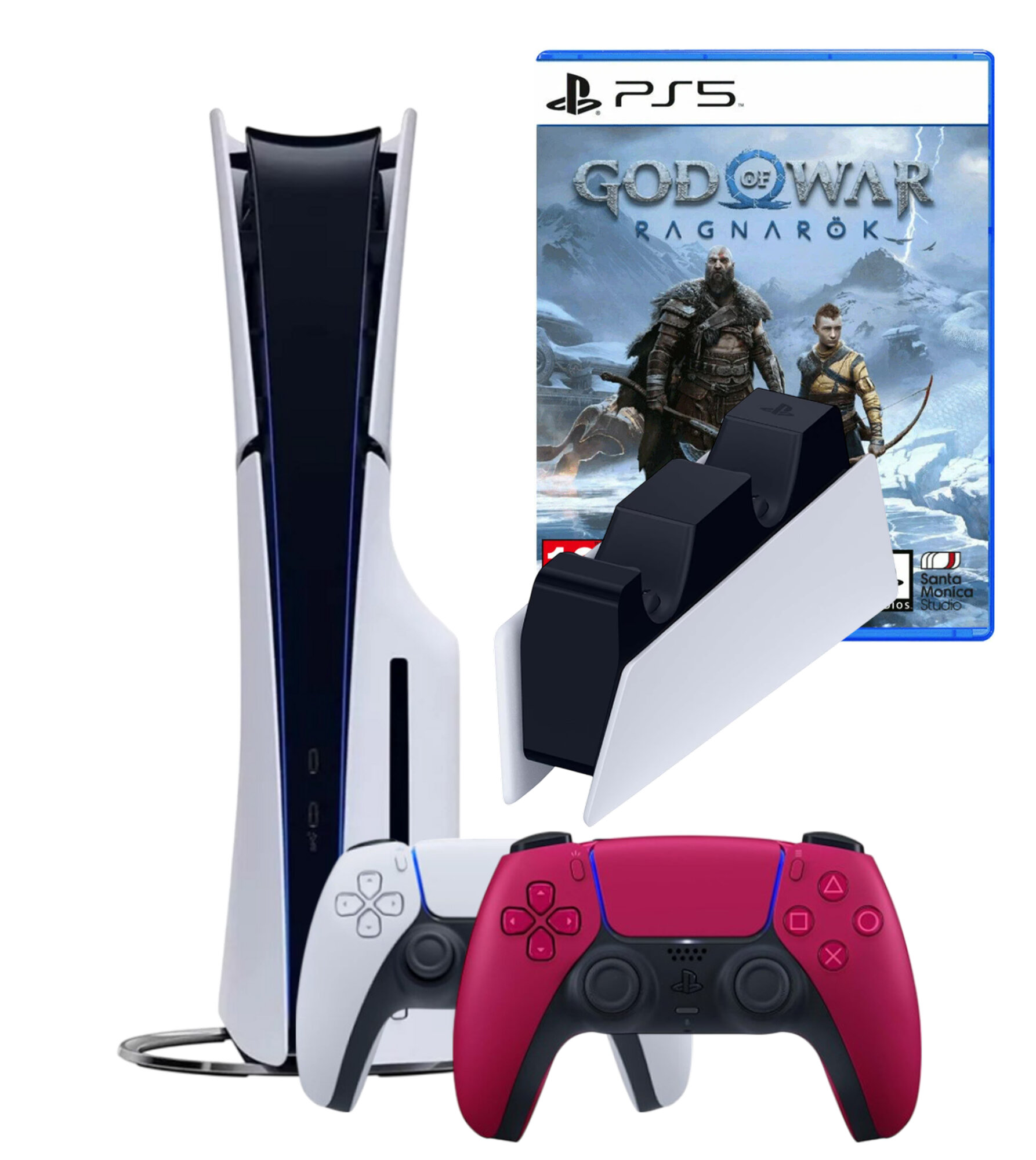 Игровая приставка PlayStation 5 Slim + 2й геймпад красный + игра God of War + станция зарядки
