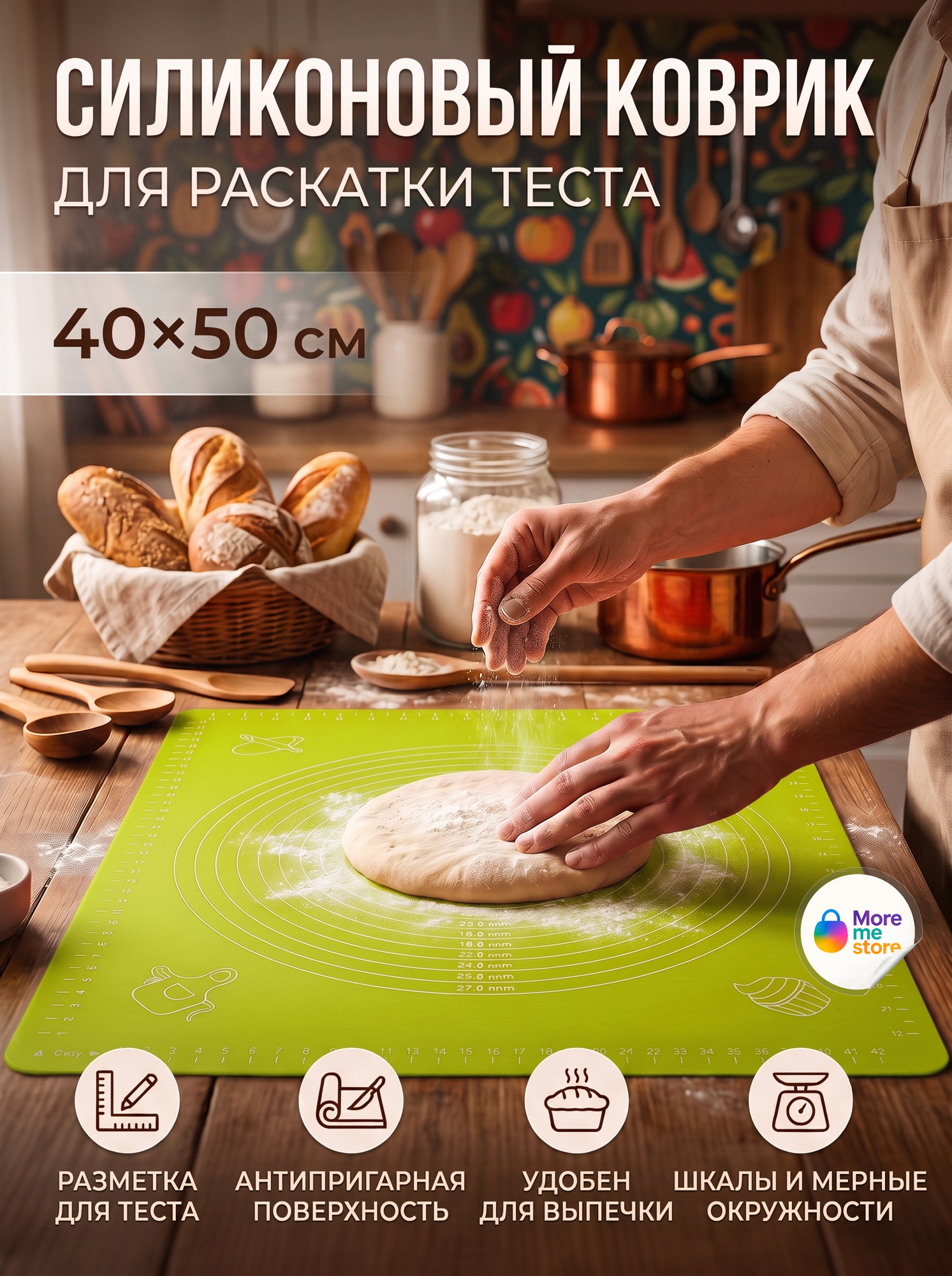 Силиконовый коврик для выпечки и раскатки теста 40х50 см с разметкой, термостойкий, многоразовый, зеленый