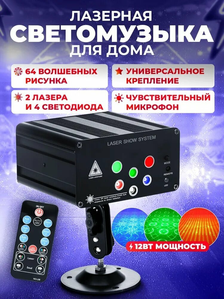 Лазерный проектор с пультом управления, стробоскопом и светомузыкой