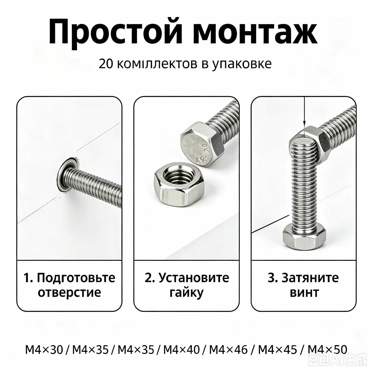 Набор болтов и гаек M4 DIN933, нержавеющая сталь 304, крепеж для ремонта — фото 1