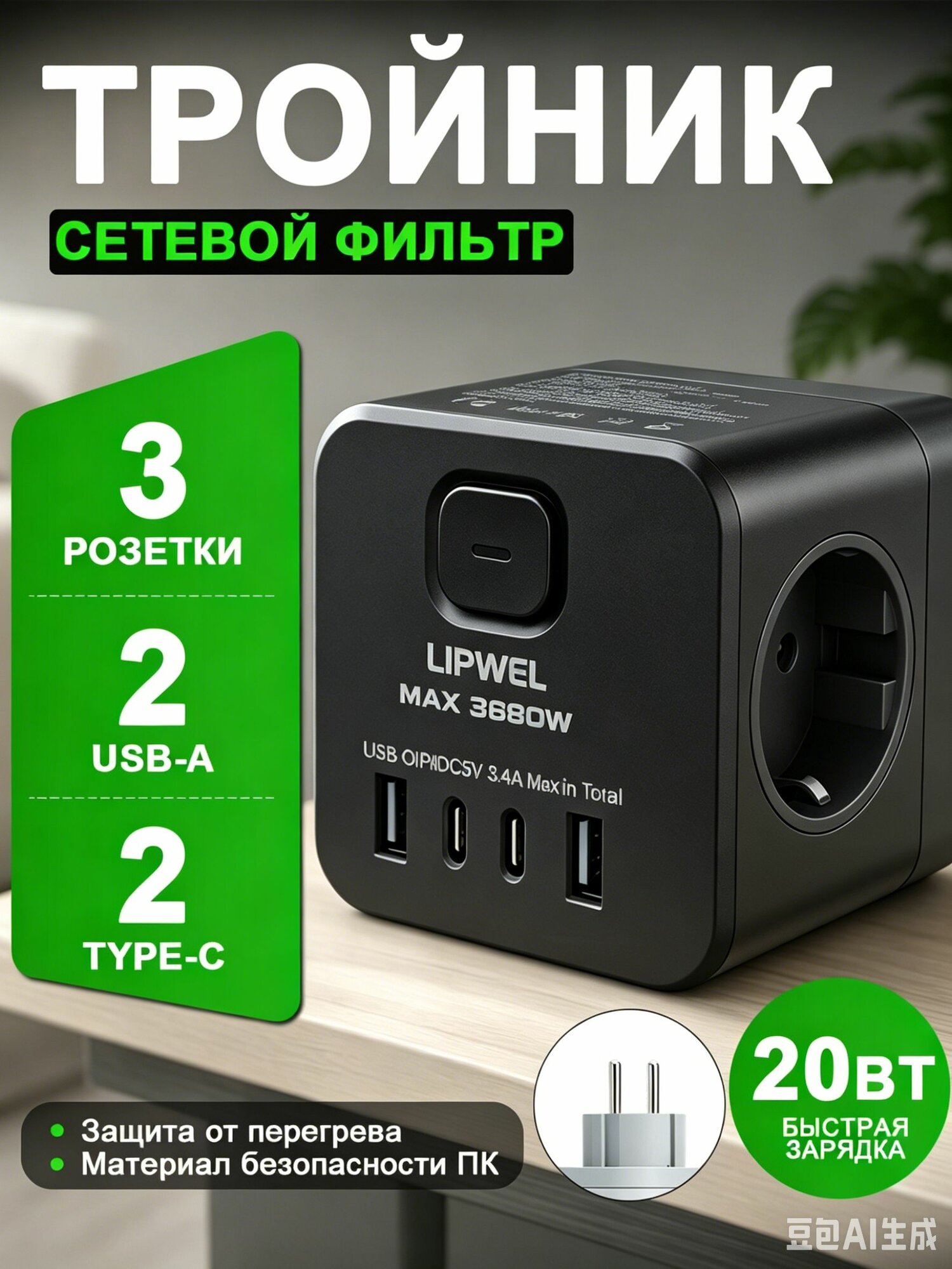Тройник LIPWEL сетевой фильтр:3 розетки+2USB-A+2Type-C, защита от перегрева, 3680Вт