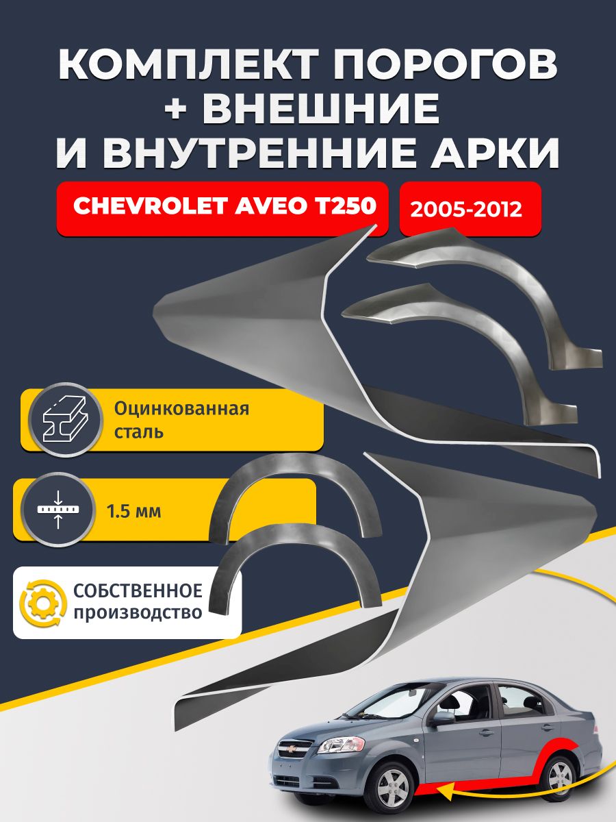 Комплект ремонтных задних внешних и внутренних арок (0,8 мм) + комплект стандартных ремонтных порогов , на Chevrolet Aveo T250 седан (Шевроле Авео Т250) Оцинкованная сталь 1.5 мм