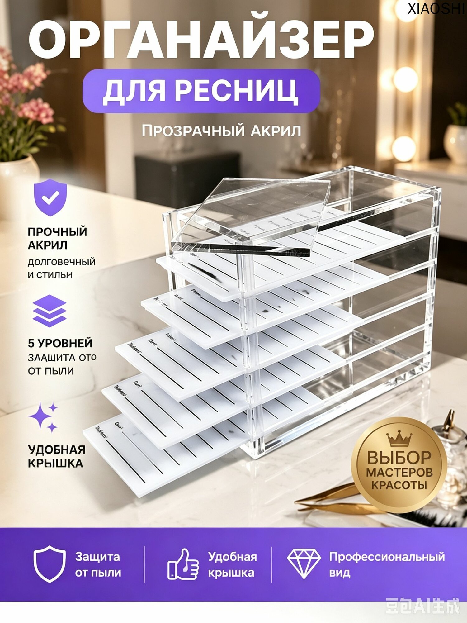 Органайзер для наращивания ресниц прозрачный акрил 5 уровней с крышкой защита от пыли для мастеров