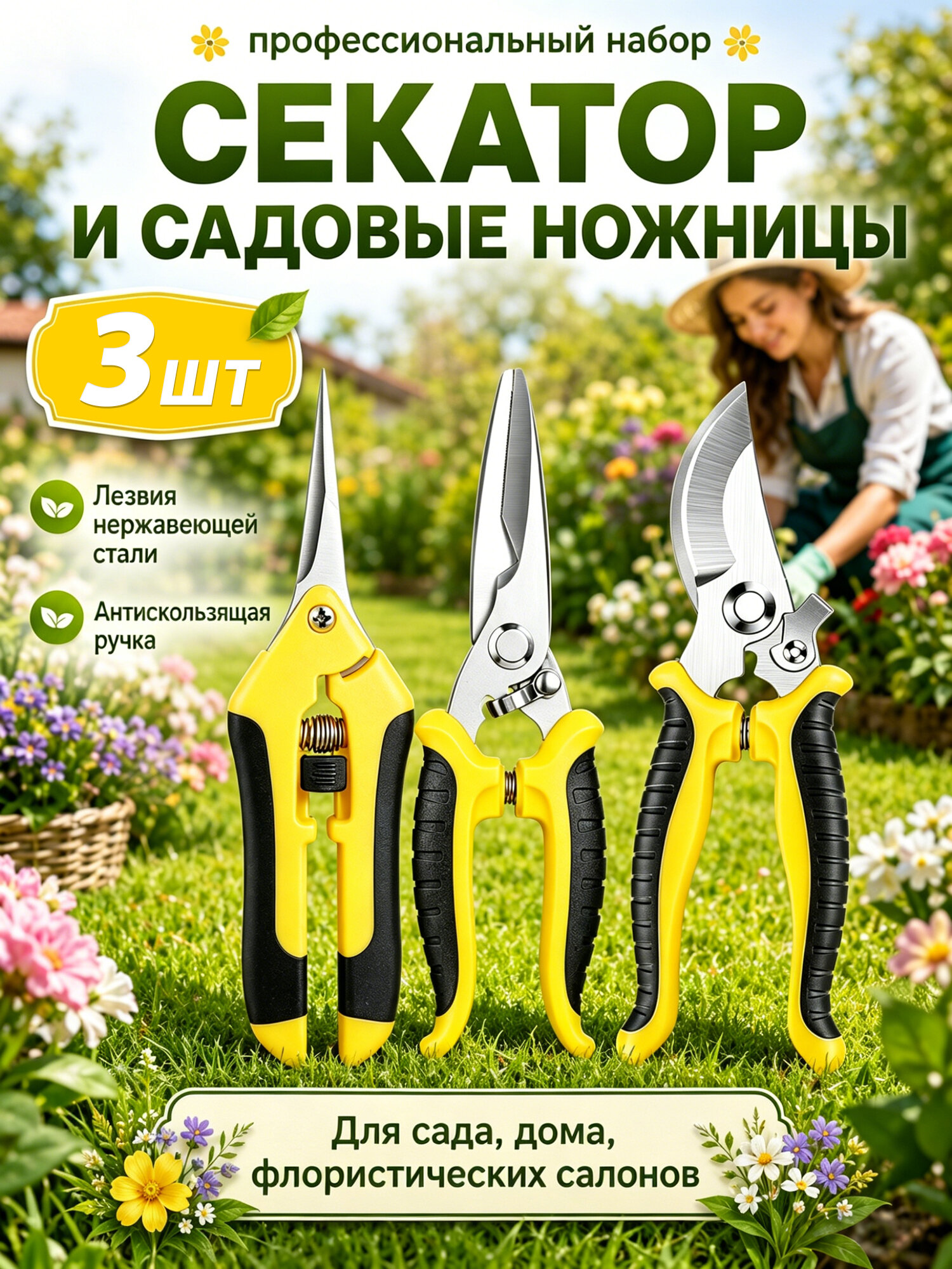 Набор из 3 профессиональных садовых секаторов