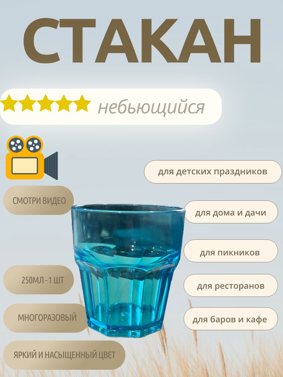 Стакан небьющийся 250 мл бирюзовый для детских учреждений, дачи, путешествий, баров, ресторанов из поликарбоната