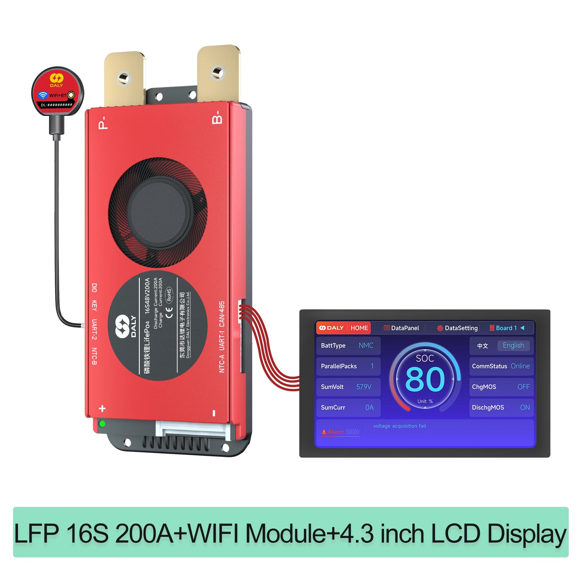 DALYBMS LifePo4 Батарея 200A с ЖК-дисплеем Wi-Fi CAN 24В/48В 16S WIFI LCD Display