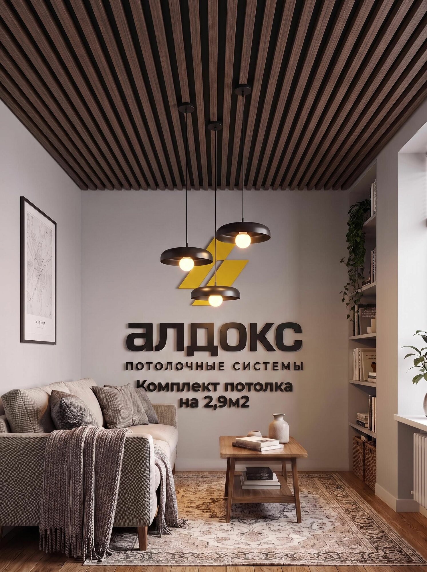 Реечный подвесной потолок кубота 1,7х1,7 м, Орех структурный, алдокс