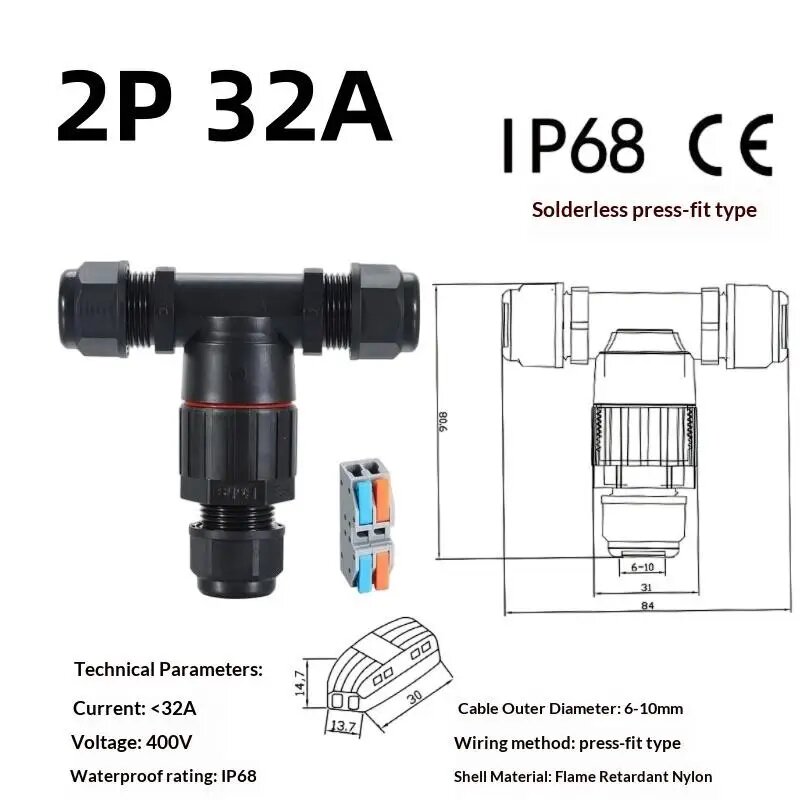 JETTING IP68 Т-образный разъем для камер видеонаблюдения T5 2PIN 32A