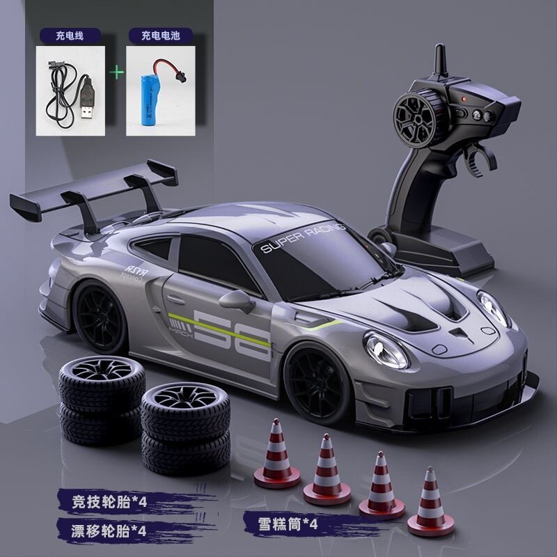 Серый 911 RC-автомобиль для дрифта: четыре колеса, детализированный корпус, подсветка, три батареи, две пары шин,