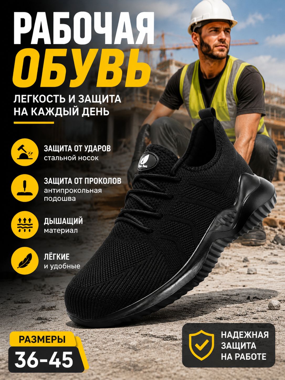 Кроссовки рабочие мужские Dian sen с металлическим носком, антипрокольная подошва, легкая защитная обувь для строительства и склада