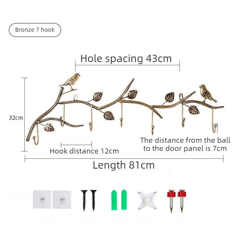 Крючки "Листья и птица", железо, 8 штук Bronze 7 Hooks