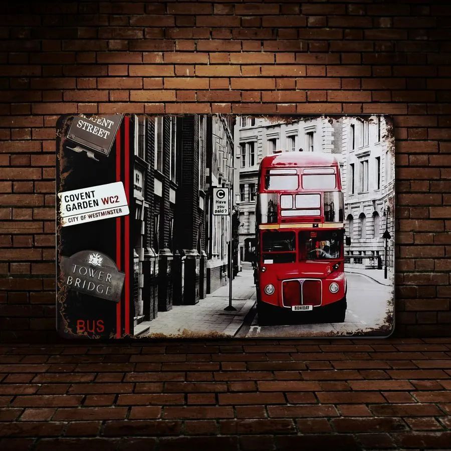 Табличка на стену металлическая декоративная THE RED BUS винтаж 20х30 см