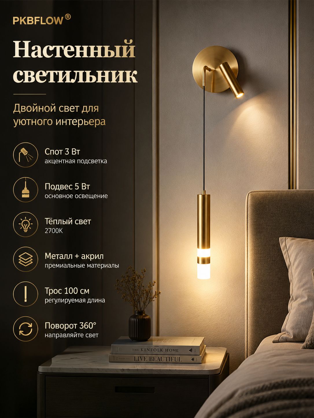 PKBFLOW Бра настенные светильники, Бра(левый), светильник настенный, золотой, 9Вт, 3000K, Подходит для спальни / гостиной