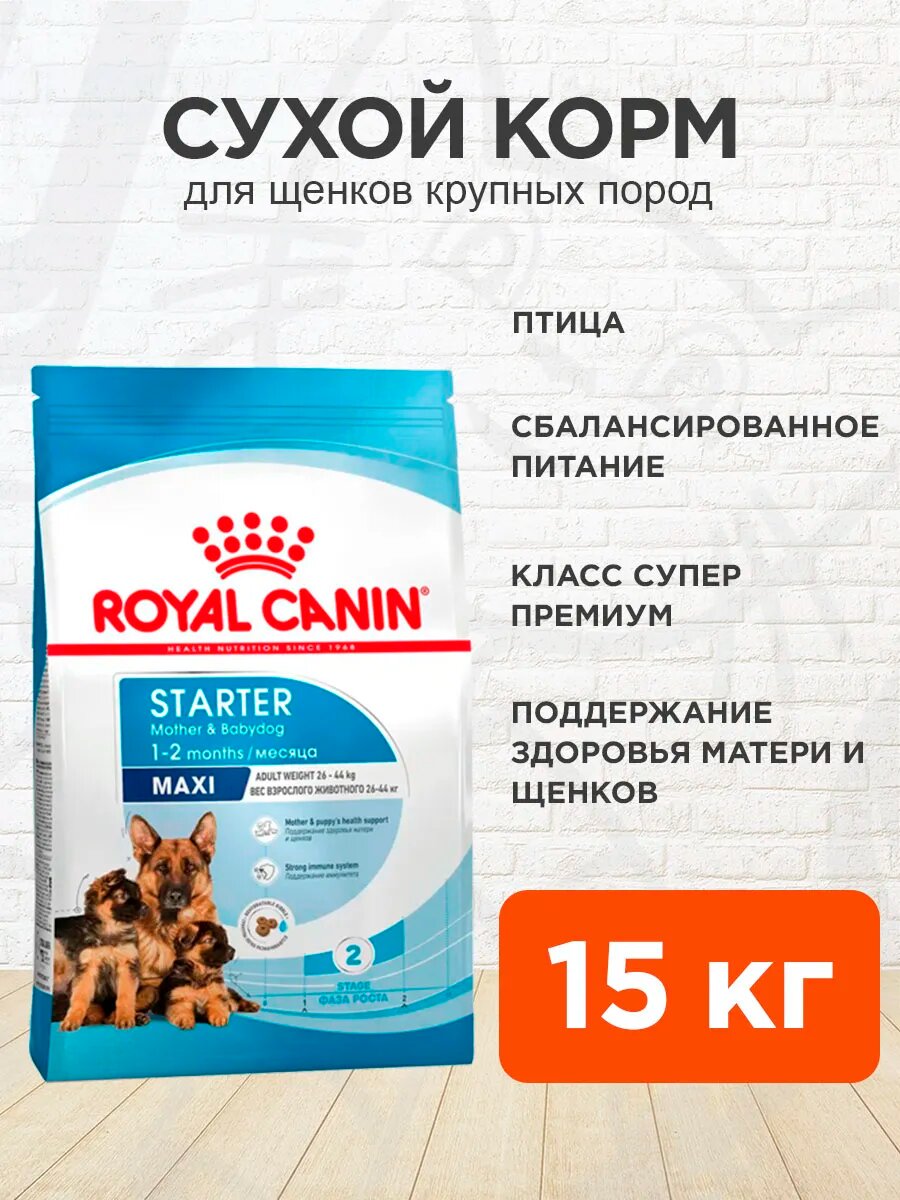 Корм сухой Royal Canin Maxi Starter для щенков крупных пород до 2 месяцев, беременных и кормящих собак, 15 кг