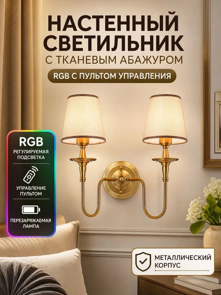 Настенный светильник с тканевым абажуром, 5 Вт, RGB с пультом управления, металлический корпус