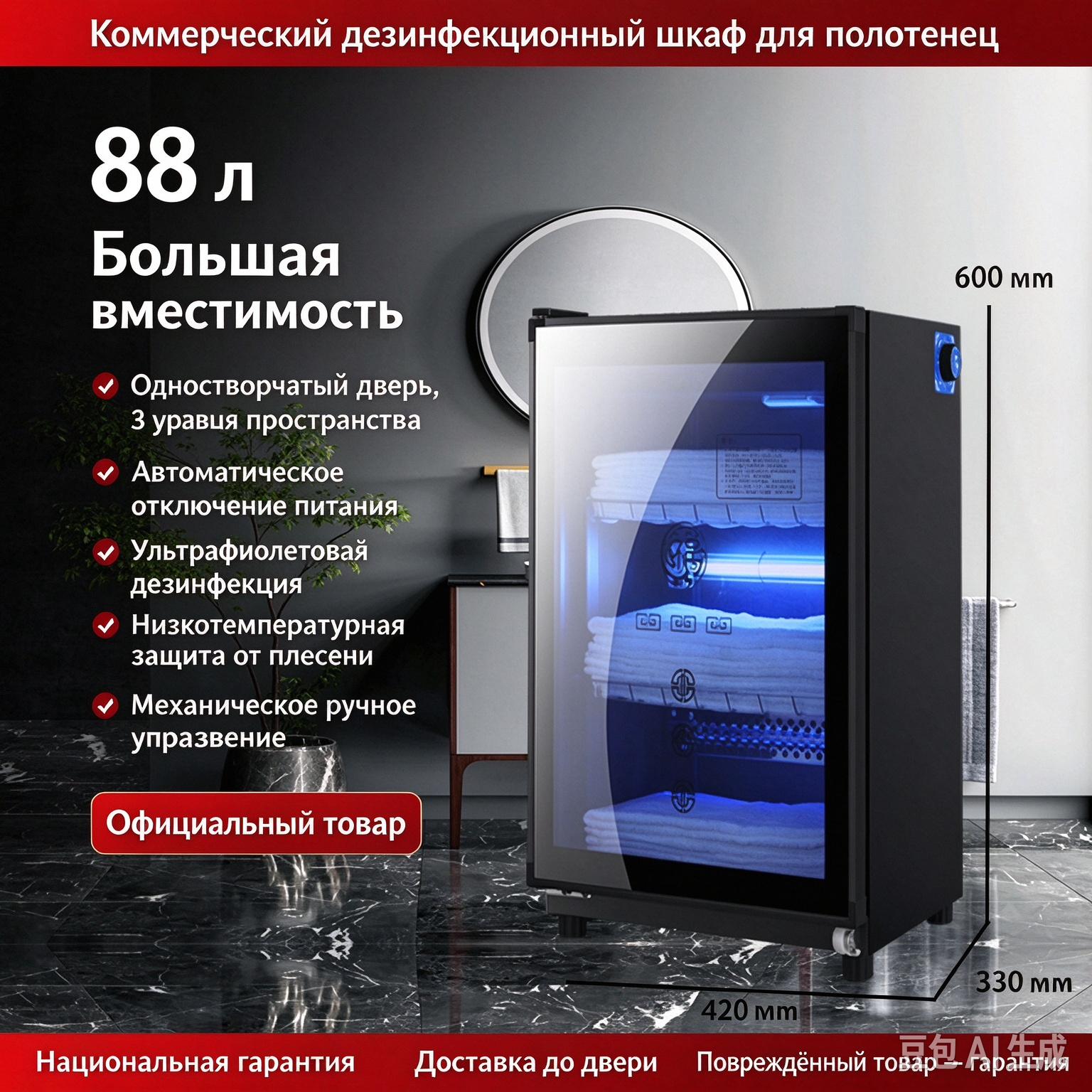 Шкаф для нагрева и дезинфекции полотенец в салоне красоты, УФ-дезинфекция, сушка, черный,42*33*50cm, 88L