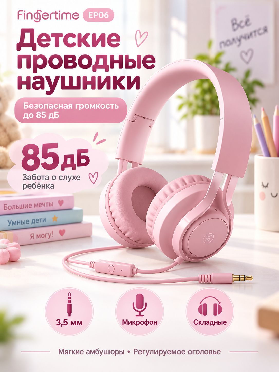 Наушники детские проводные Fingertime EP06 с микрофоном, ограничение громкости 85 дБ, 3.5 мм, складные, розовые