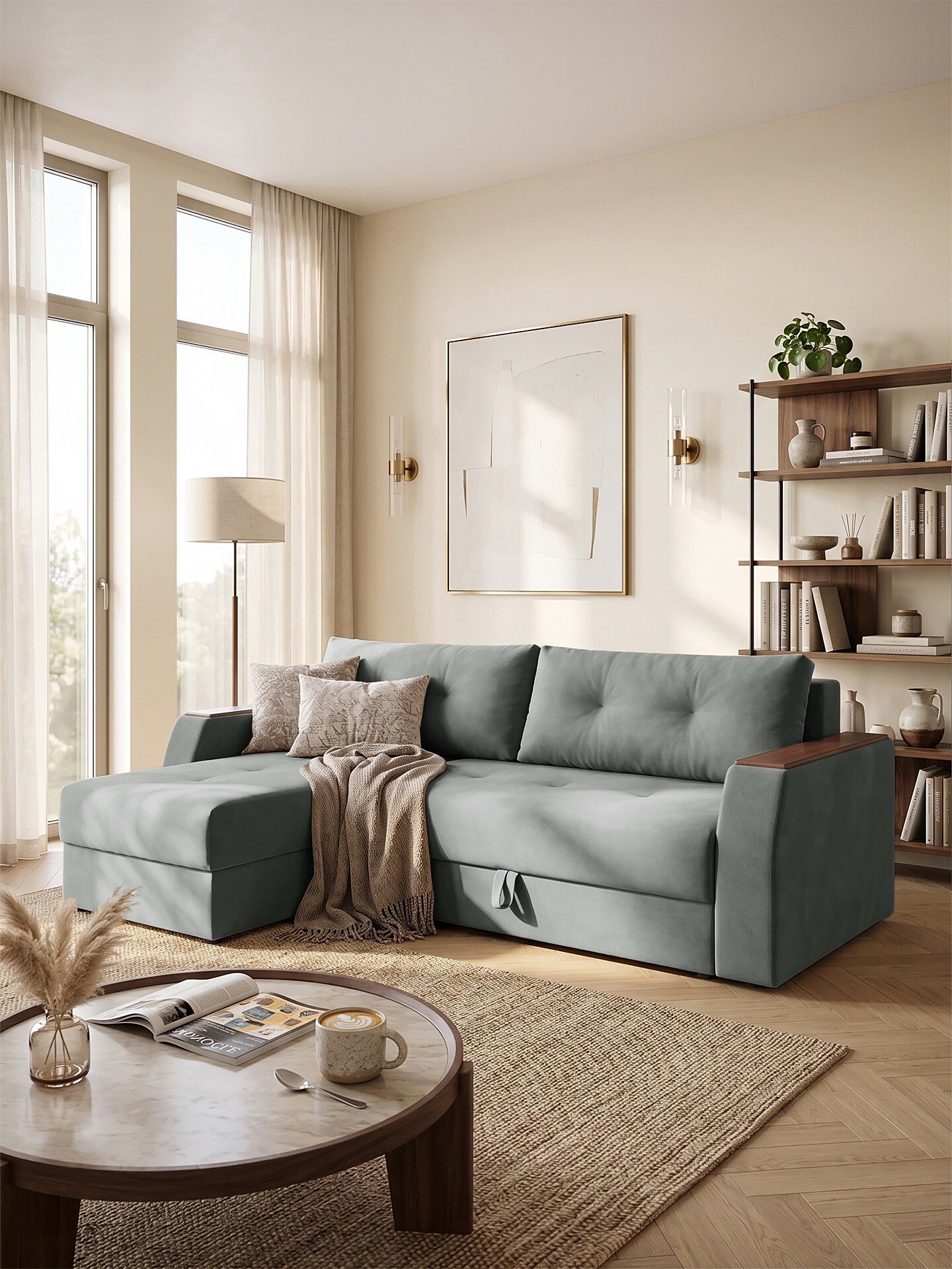 Диван с оттоманкой Арго Лайт Velutto 52 FS 232x150x80 см, серый Велютто, еврокнижка Дом мебели для вас