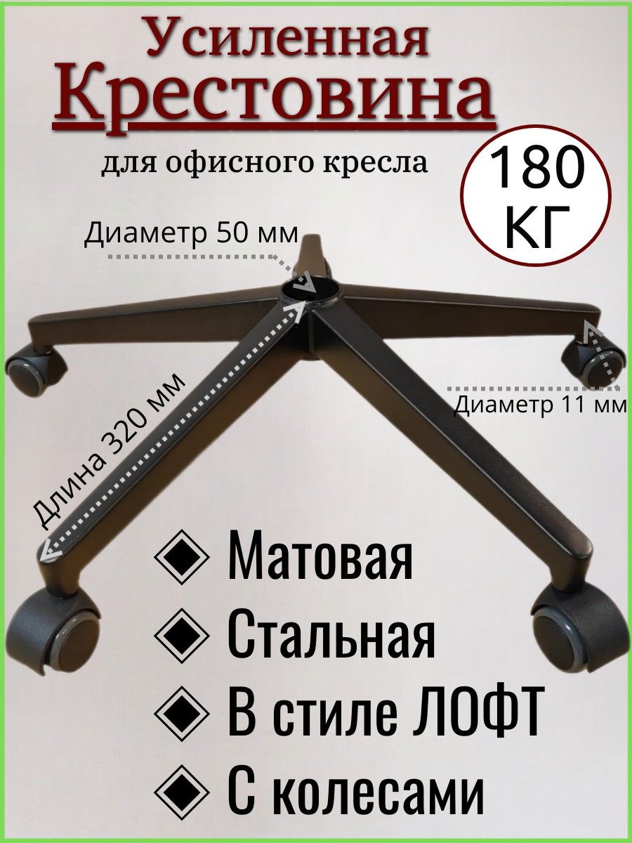 Усиленная черная матовая стальная крестовина (пятилучие) в стиле лофт Модель №2 BLACK до 180 кг с роликами/колесами в комплекте для офисного, игрового, компьютерного кресла, металлическая