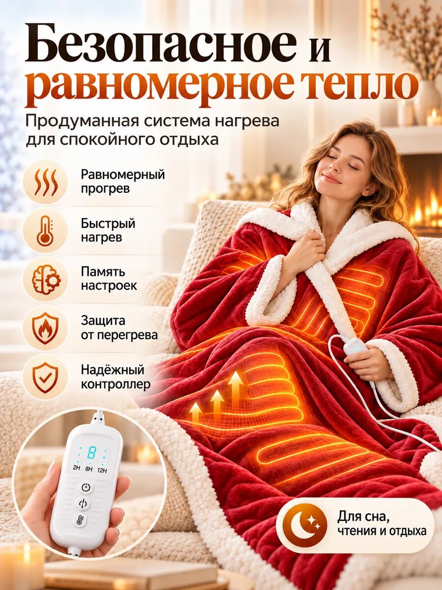 Электроплед с подогревом 8 режимов Таймер 2-10 ч
