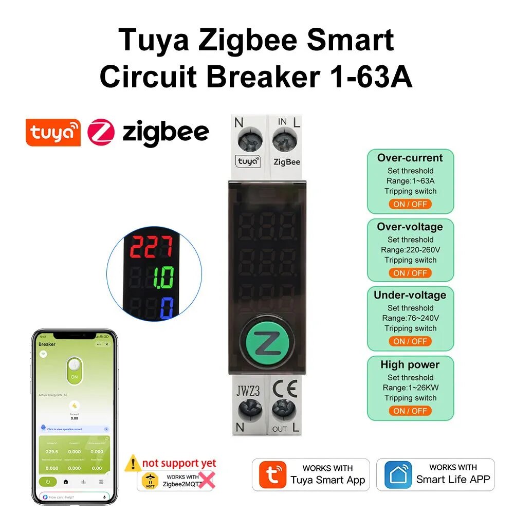 Умный ZigBee Выключатель с монитор, Мониторингом Энергии, Удаленным Управлением через Smart Life, Регулировкой от 1 до 63А