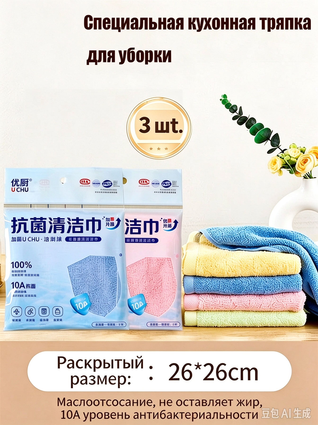 Кухонная тряпка антибактериальная, впитывающая, не оставляет жира, 3 штуки