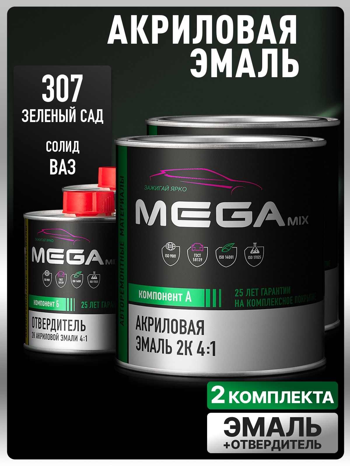 Акриловая краска автомобильная, Зеленый сад 307, 2 Комплекта 2К 4:1 (эмаль: 840 мл. + отвердитель: 210 мл), MEGAMIX