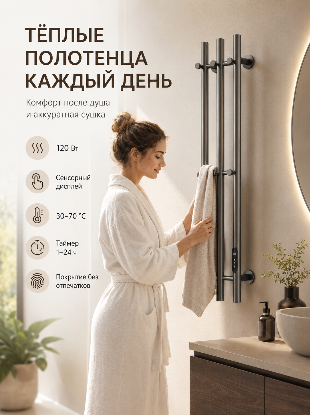 Полотенцесушитель электрический 120Вт с сенсорным экраном и таймером, цифровая индикация, для дома