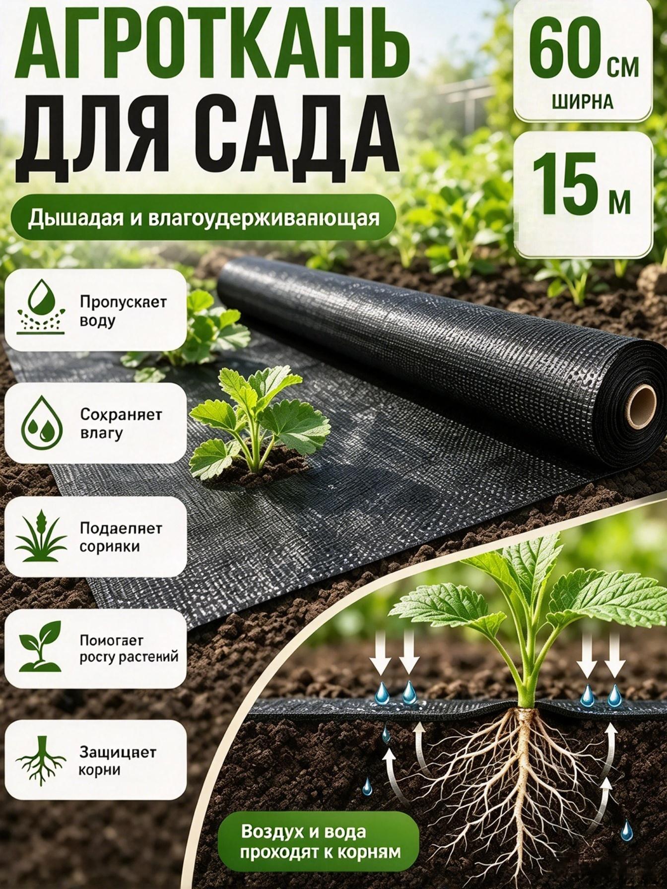 Антисорняковая ткань для дачи 60х15м, геотекстиль для садовых дорожек и грядок