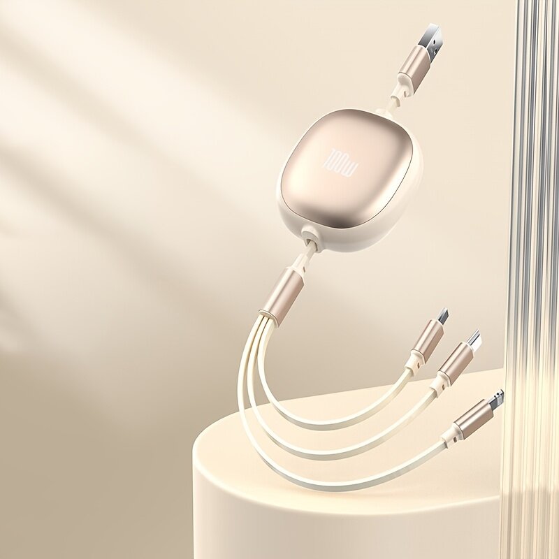 Выдвижной кабель для зарядки 3-в-1 с разъемами USB-A, Type-C и Micro USB, 100 Вт, передача данных 480 Мбит/с, золотой