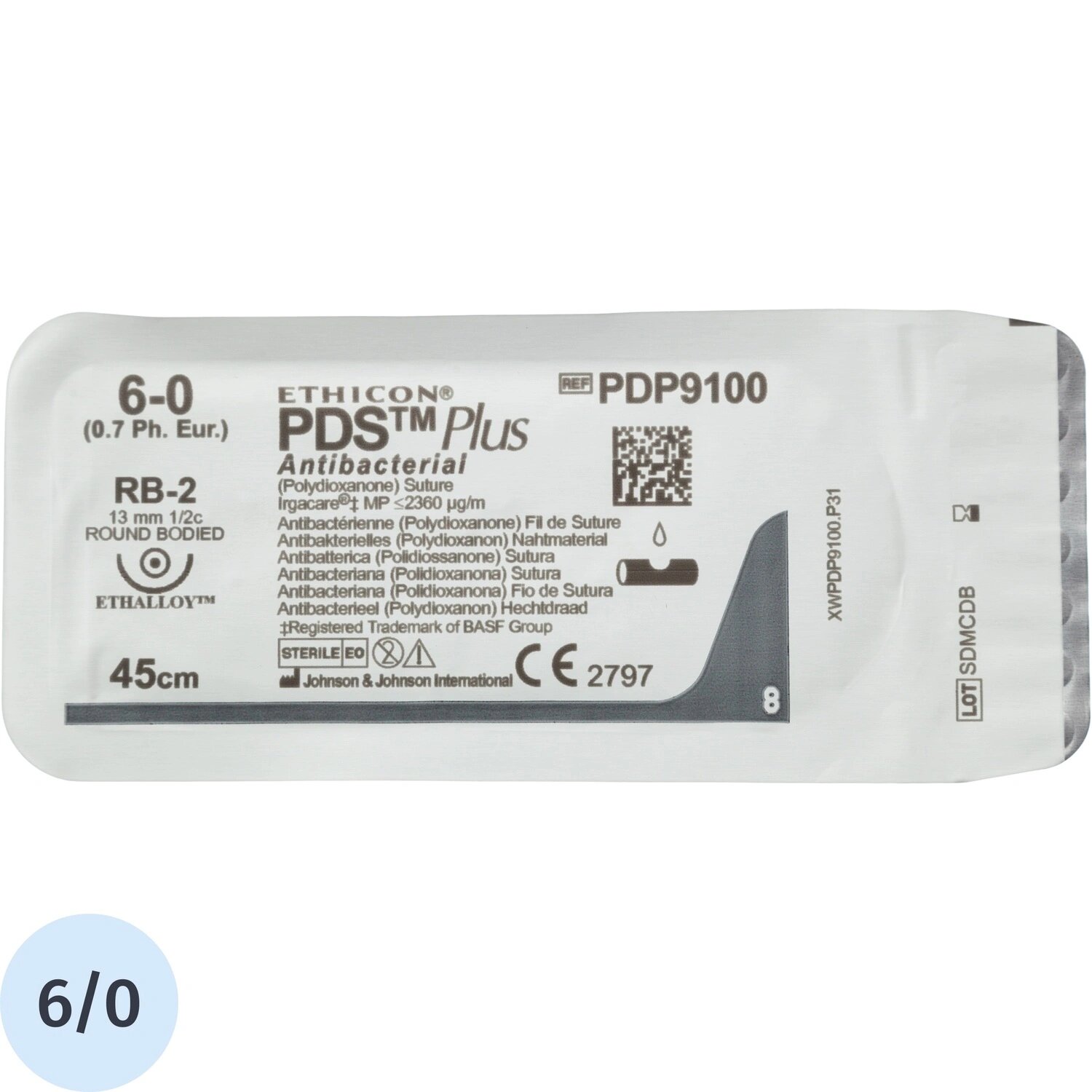 Ethicon Шовный материал хирургический рассасывающийся Ethicon ПДС плюс USP 6/0 45 см колющая игла 13 мм 1/2 PDP9100H (36 штук в упаковке)