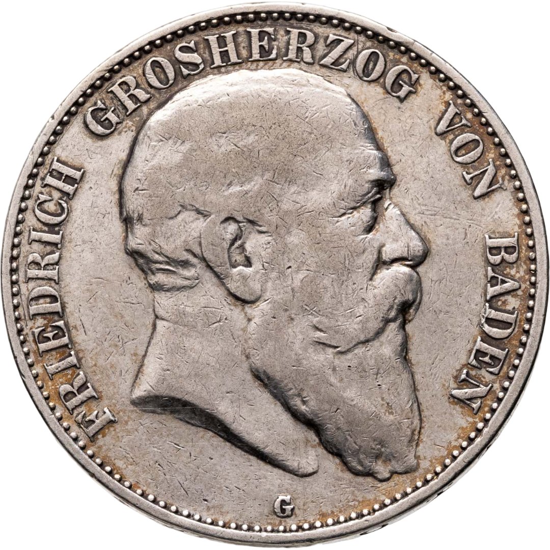 Германская Империя 5 марок mark 1902 G Баден, Серебро 900, в сохранности VF