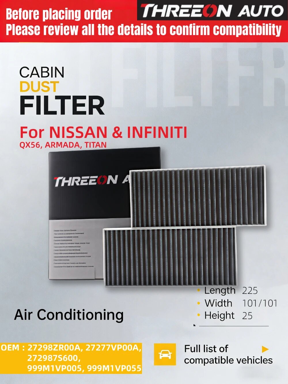 Воздушный Фильтр THREEON Для INFINITI QX56 5.6 4WD, NISSAN Armada Titan Flex-Fuel, TOC13195-2, Сменный Фильтр Салона