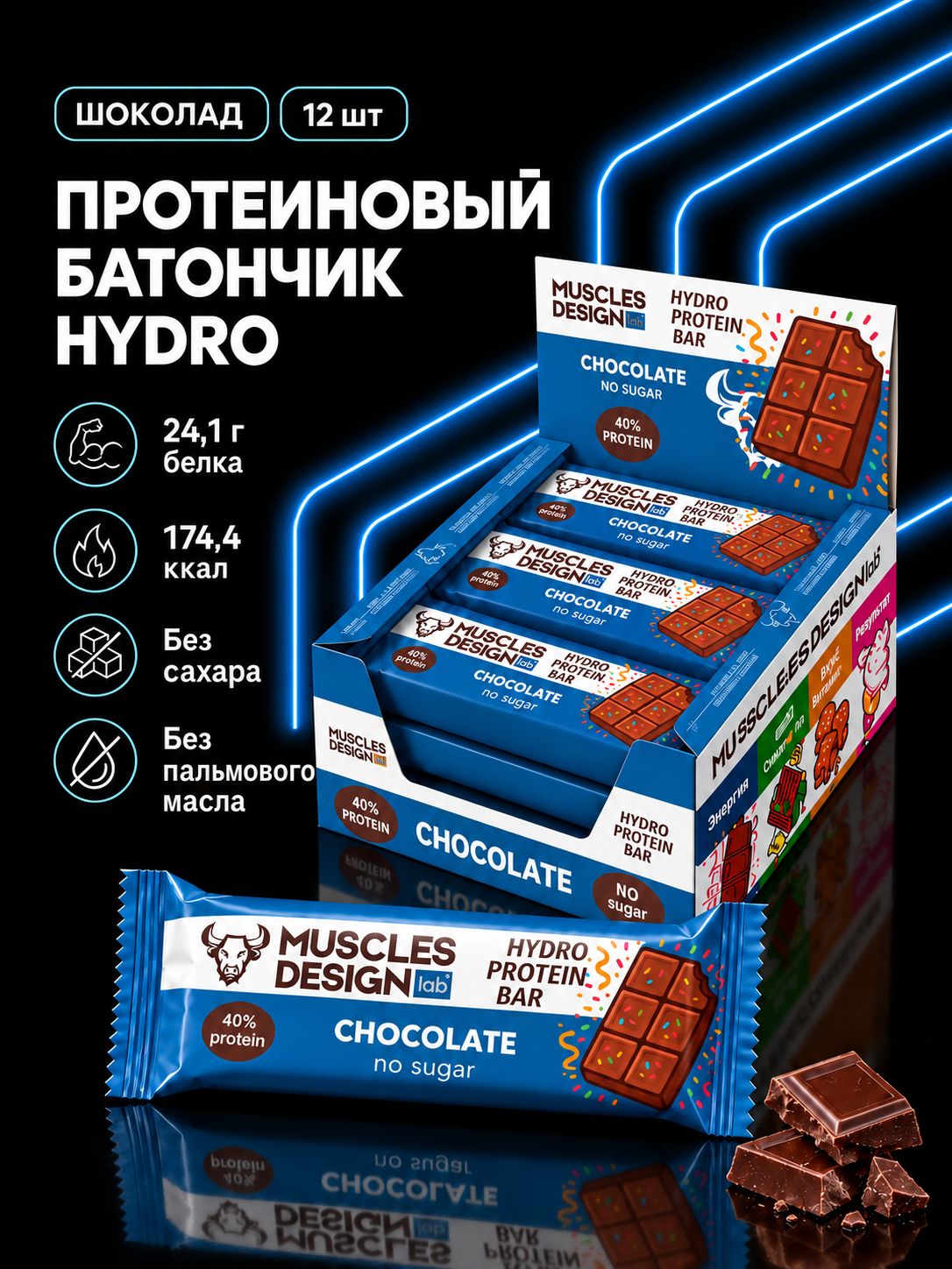 Протеиновые батончики 12 штук 60 гр вкус "Шоколад"