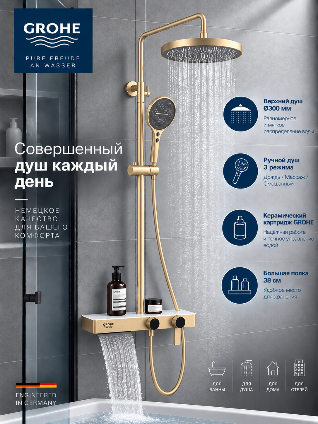 Душевая система GROHE смеситель для ванны с душем ШирокаЯ платформа длЯхранениЯ