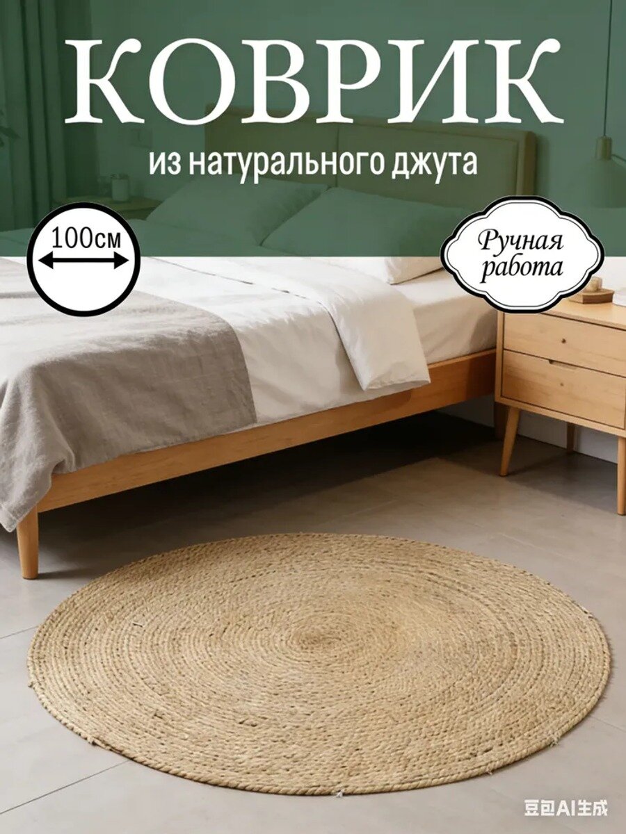 Коврик прикроватный круглый 100x100 см коричневый, материал софт, основа лён, 1 шт