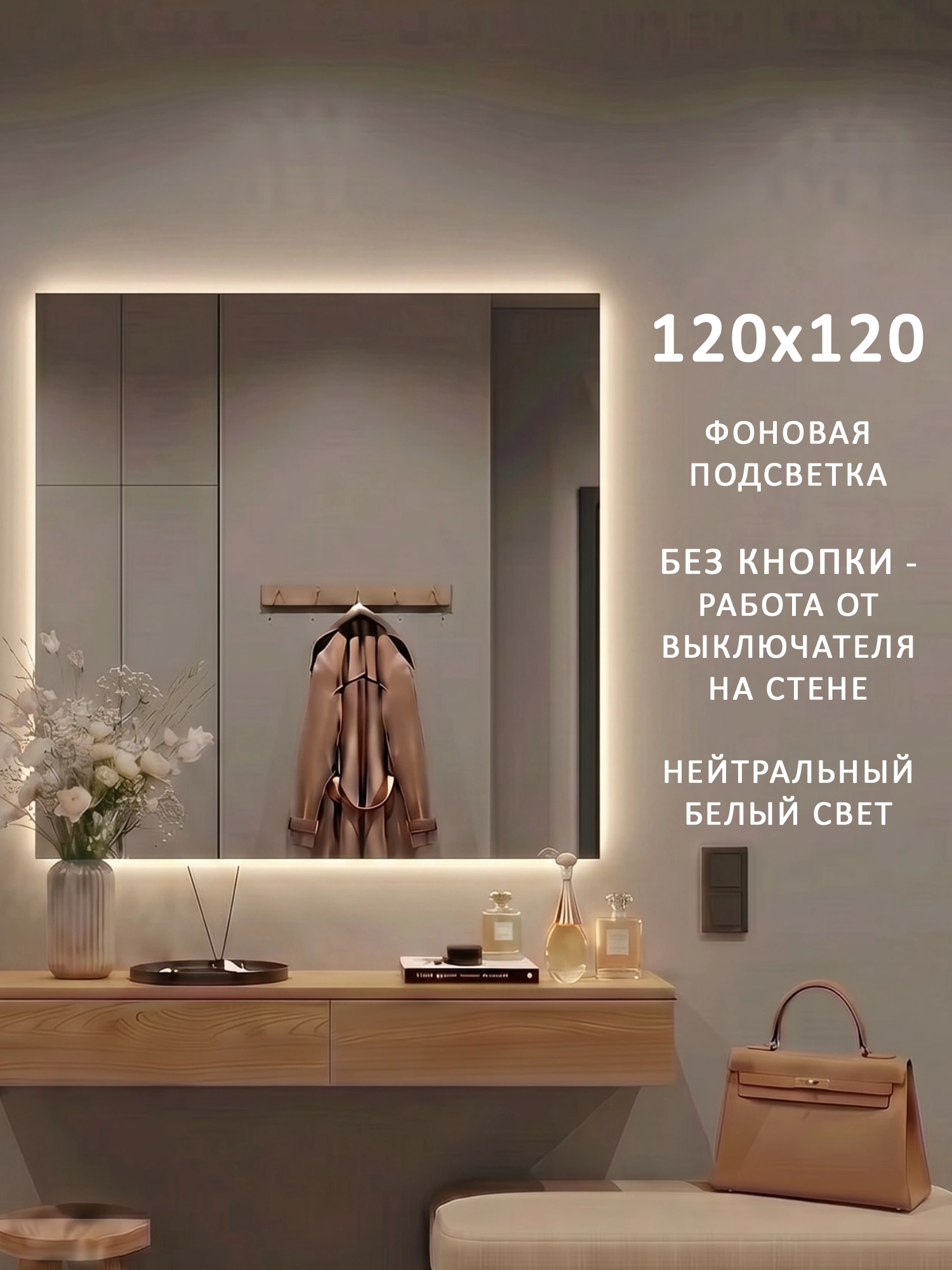 Зеркало настенное в прихожую Alias Квартал 120*120, нейтральная LED-подсветка, без кнопки от выключателя