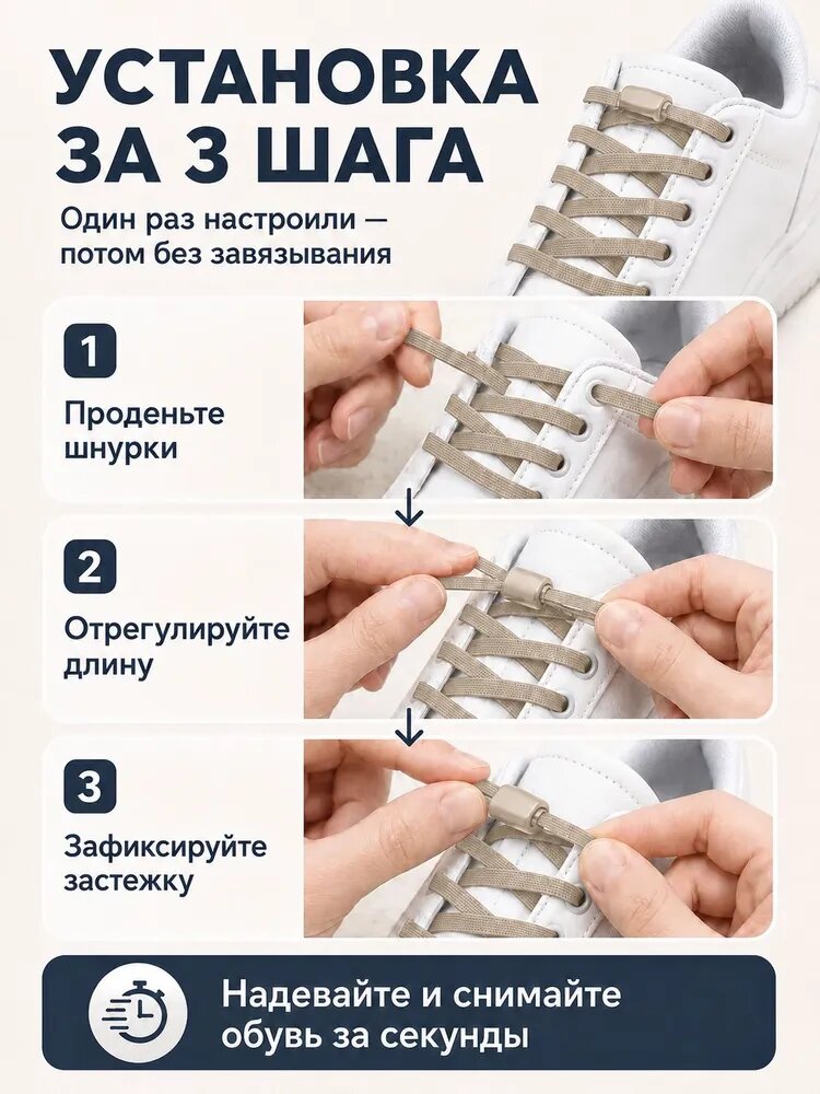 Шнурки эластичные с фиксатором для обуви и кроссовок, плоские бежевые 8 мм