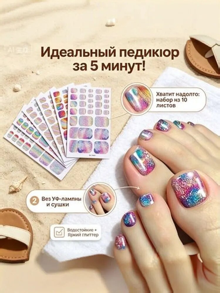 Наклейки для педикюра, педикюрные пленки с блестками-набор 10 листов для ногтей на ногах, самоклеящиеся стикеры для быстрого летнего дизайна