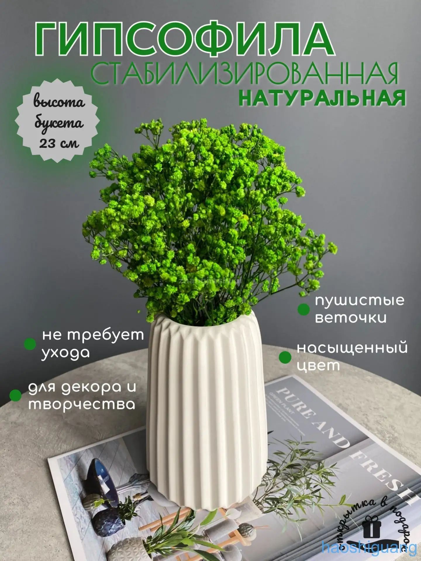 Стабилизированные цветы Гипсофила 23 см 1 шт зеленый, Артикул: 5566083529