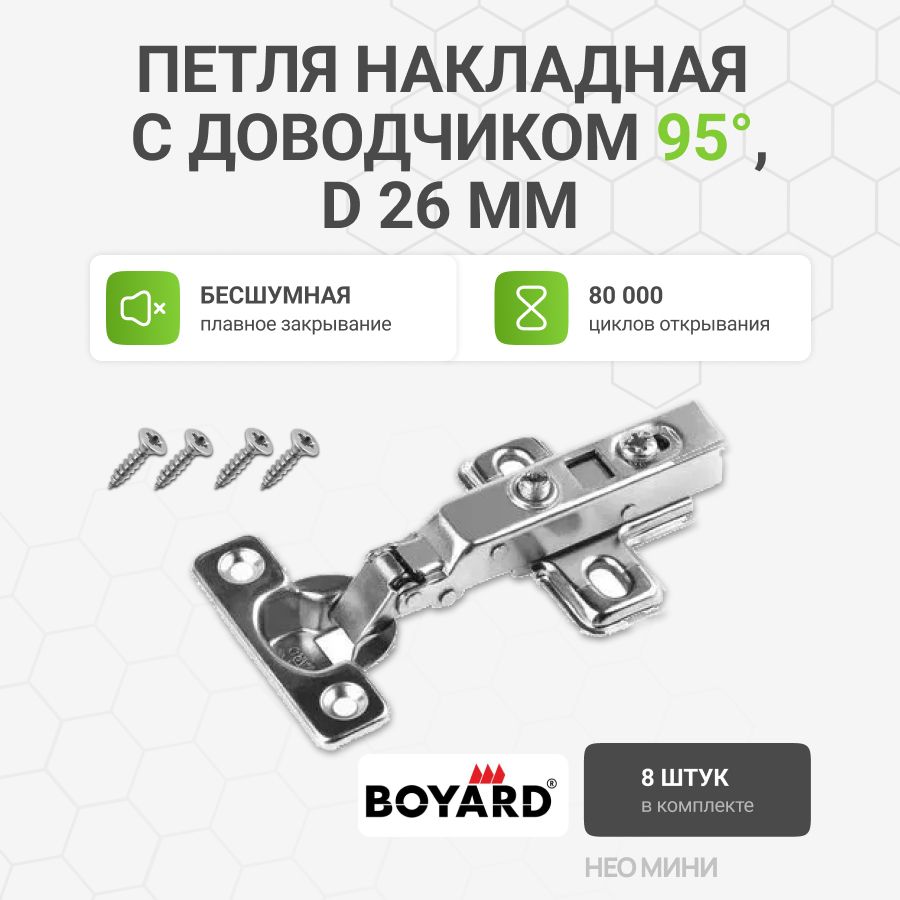 Петля мебельная накладная BOYARD НЕО мини с доводчиком и крепежной фурнитурой угол открывания 95 градусов, D 26 мм, 8 шт
