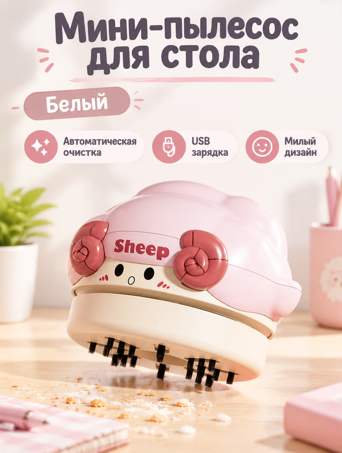 Мини-пылесос для очистки стола и клавиатуры, пластиковый корпус розового цвета, автоматическое удаление пыли, компактное устройство с перезаряжаемым а